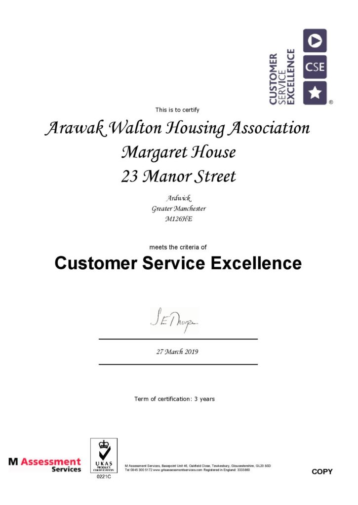 Customer Service Excellence - Arawak Walton Housing Association